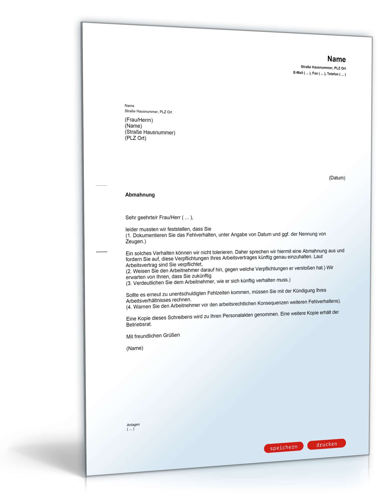 Abmahnung eines Arbeitnehmers - Muster-Vorlage zum Download Abmahnung eines Arbeitnehmers - Muster-Vorlage zum Download